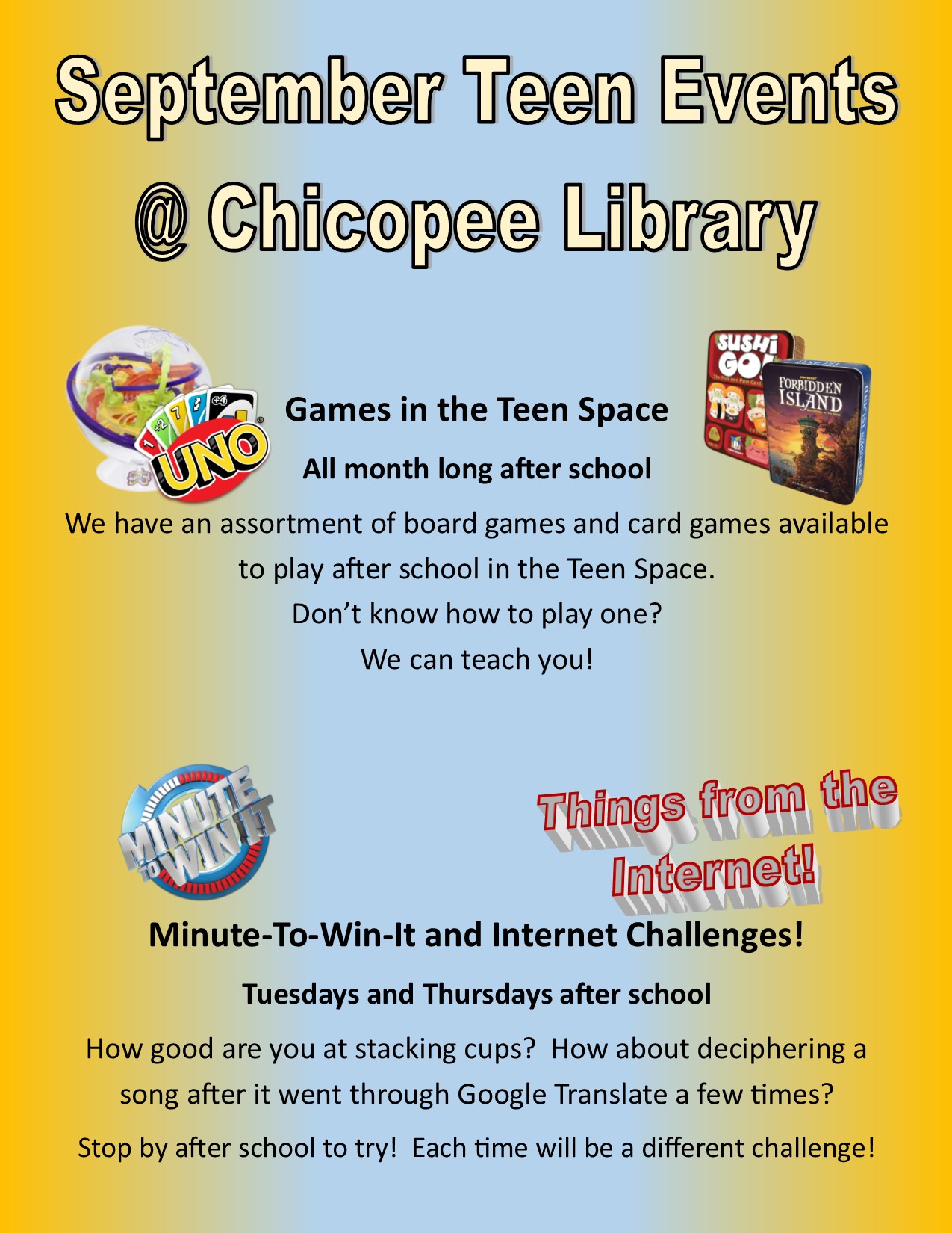 September 2019 Upcoming Events – Chicopee Public Library Teenspot